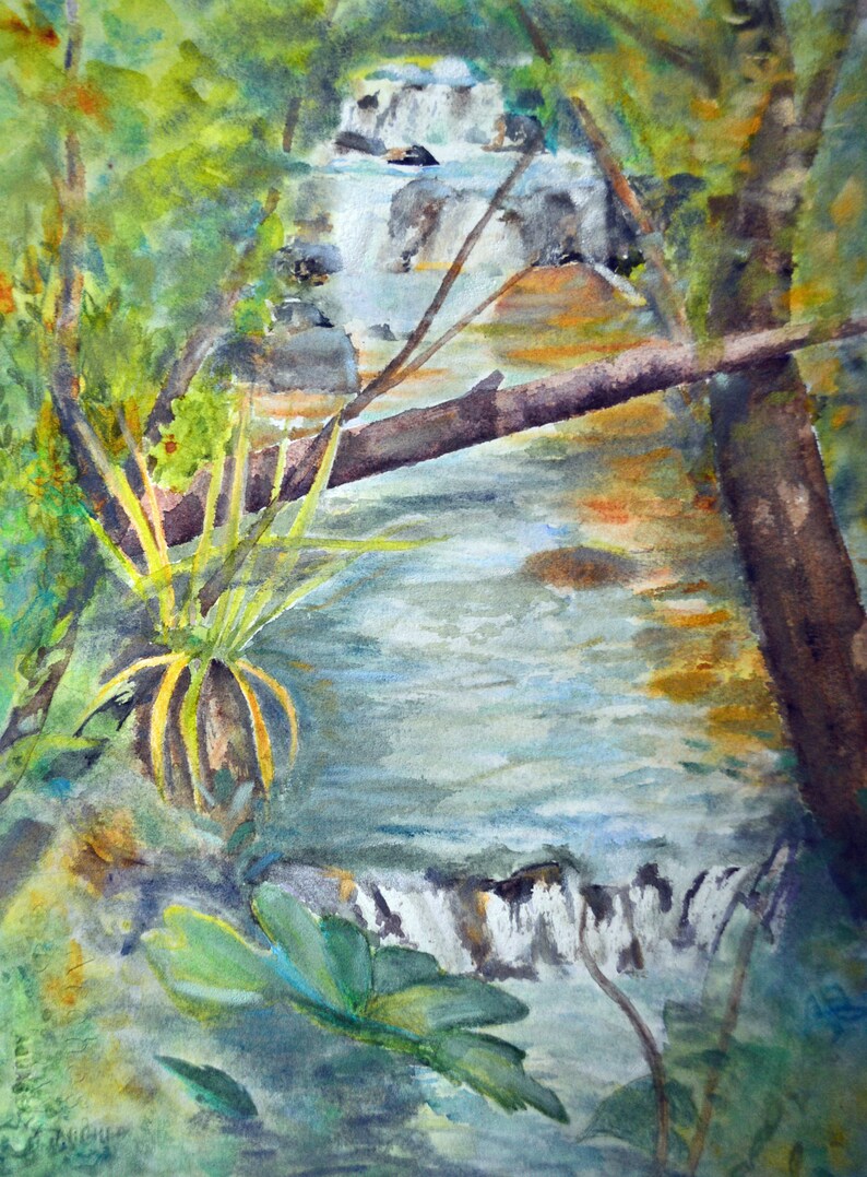 Original Mixed Media Watercolor and Pastel Waterfall Fine Art - Etsy
