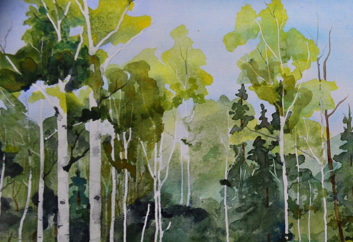 Watercolor Painting Original Aspen Trees Forest Art | Etsy
