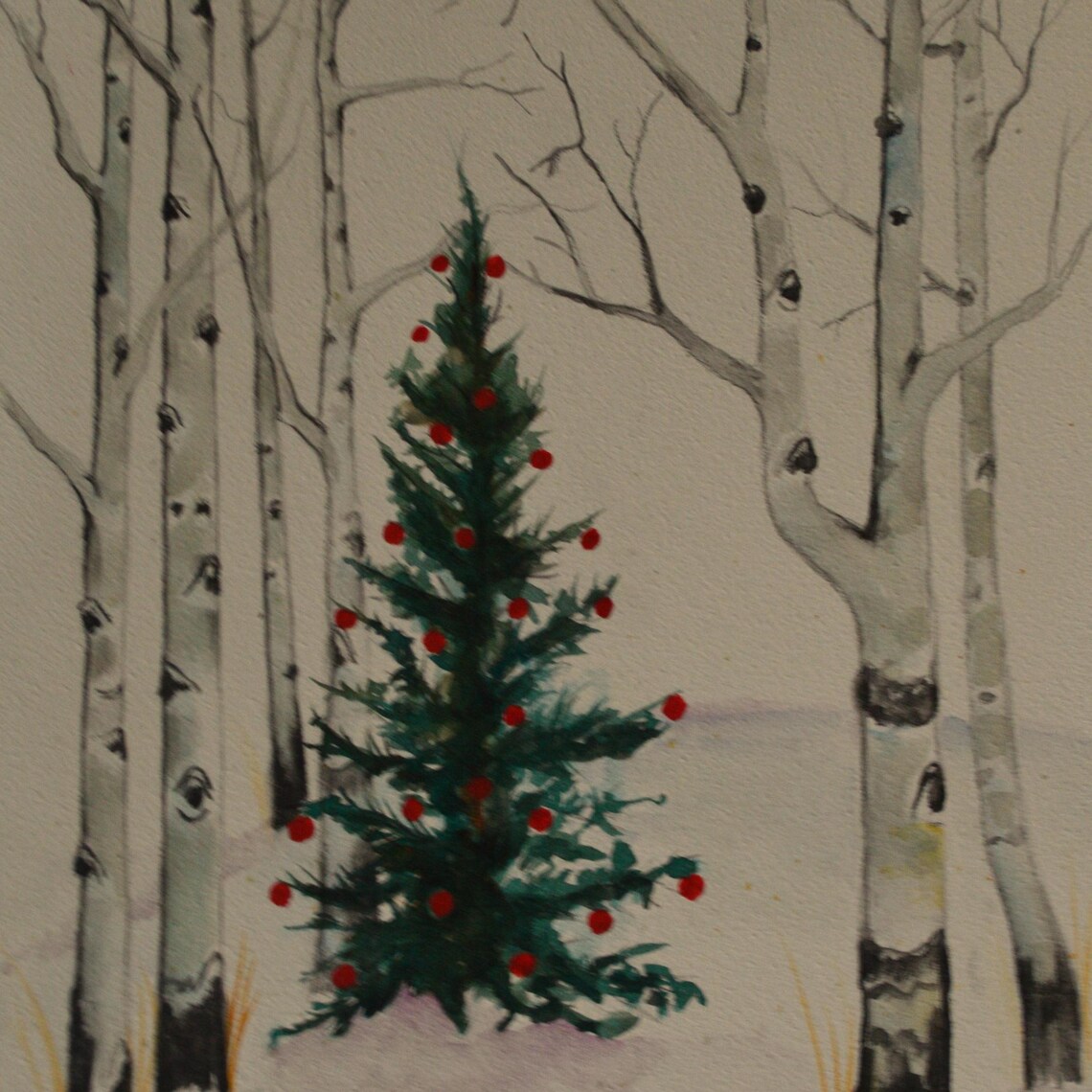 Winter Woods Aspen Forest Decorated Christmas Tree Watercolor Painting ...