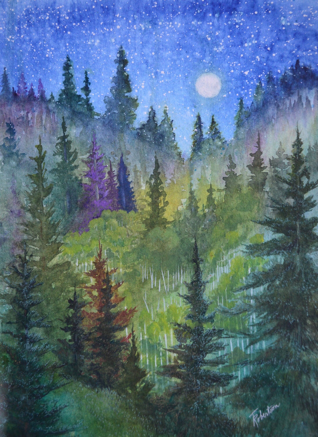 Framed Full Moon Watercolor Painting Original, Mountain Nocturnal ...