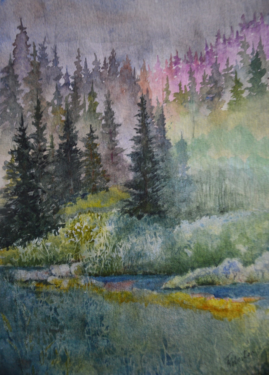 Serene Forest, Original Art , Spruce and Pine Trees, Watercolor ...
