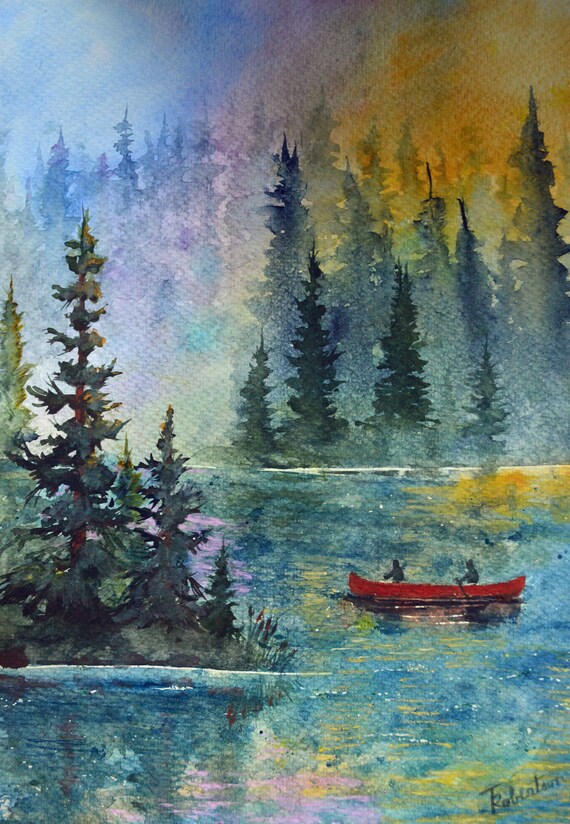 Red Canoe Watercolor Painting Original Nature Serenity the | Etsy
