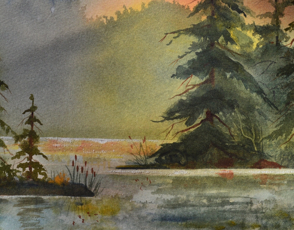Lake Sunset Watercolor Painting Original Nature Serenity - Etsy