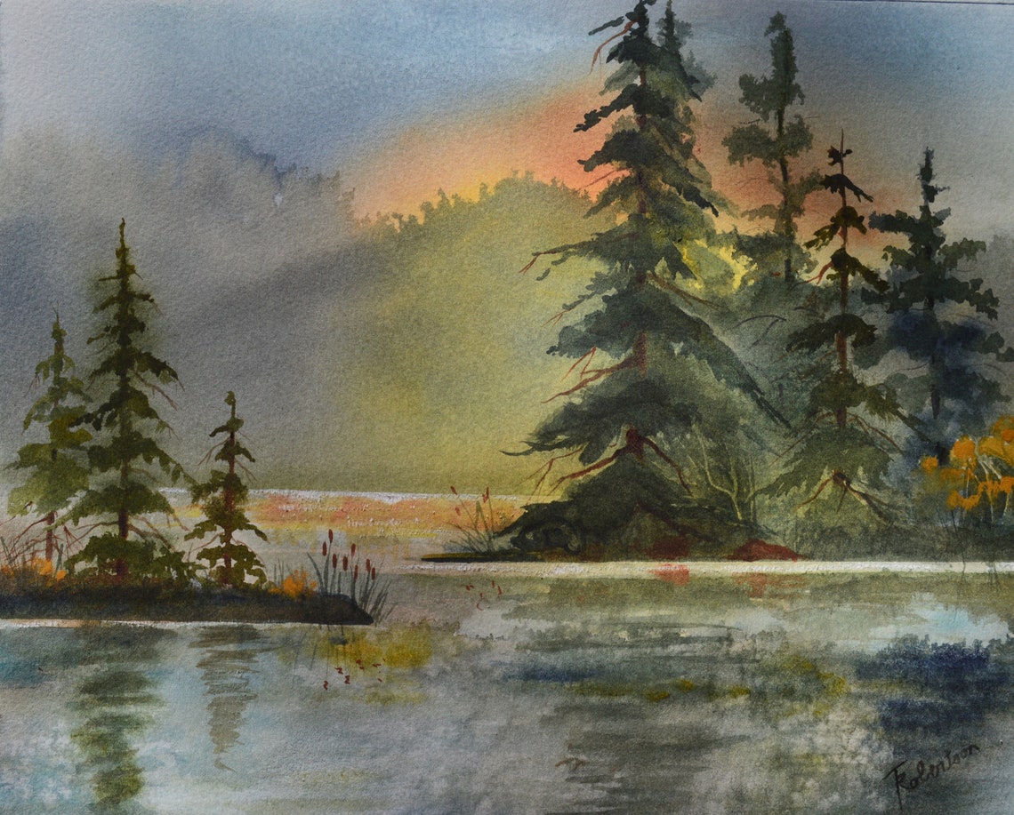 Lake Sunset Watercolor Painting Original Nature Serenity - Etsy