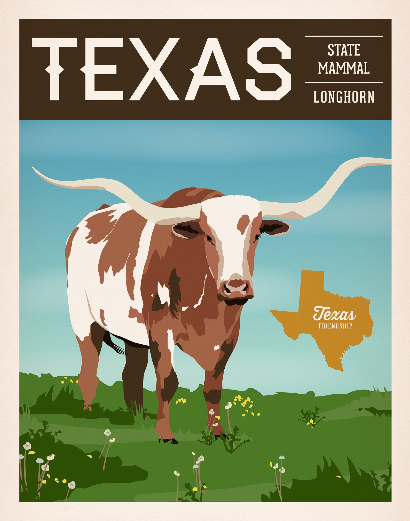 Vintage Texas Series Poster #3 - Longhorn - TX State Mammal - Etsy