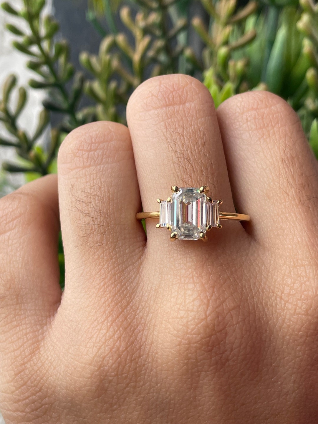 Three Stone Emerald Cut Silver Engagement Ring, Emerald Cut Engagement ...