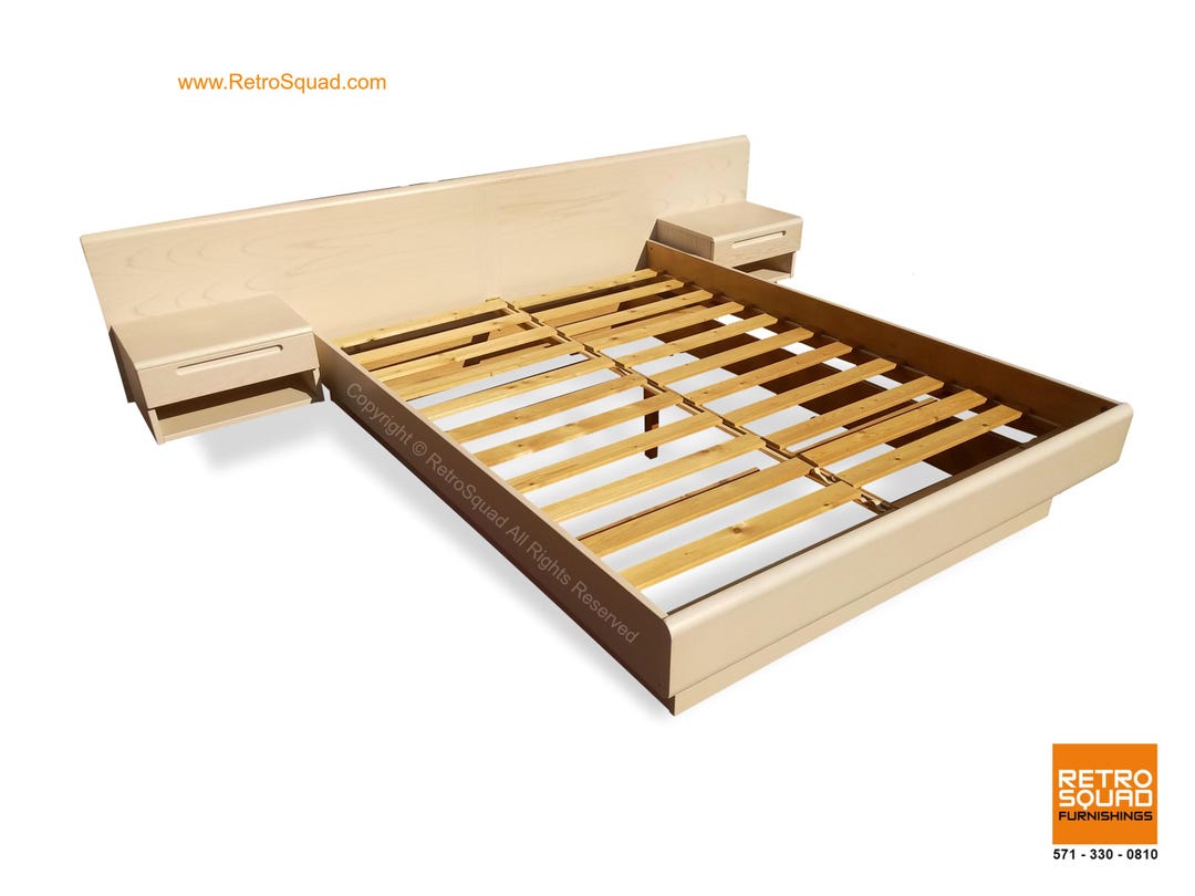 Queen Sz Teak Platform / Floating Bed in Whitewashed Finish, Attached ...