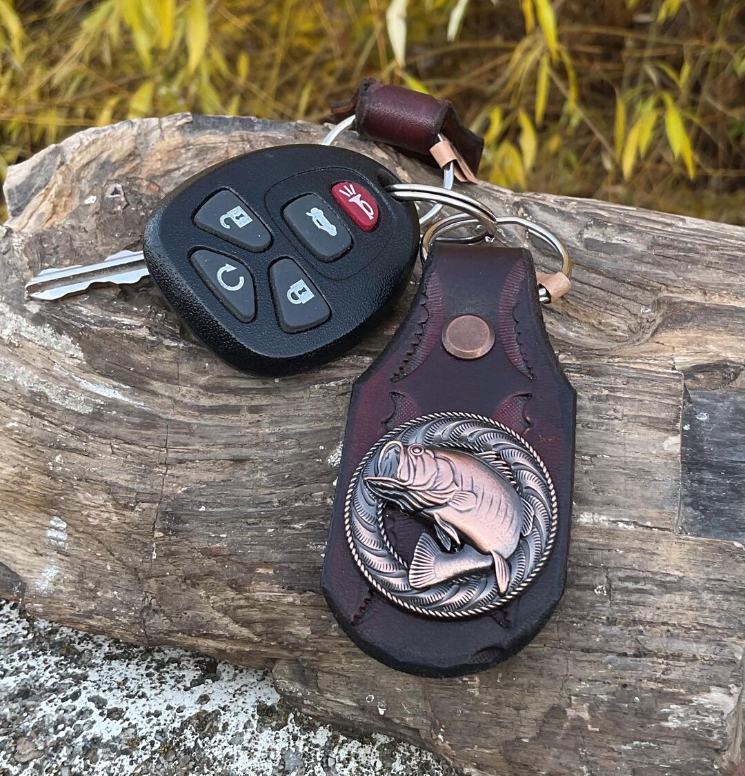Handmade Leather Bass Keychain, Copper Concho, Fishing Gift - Etsy