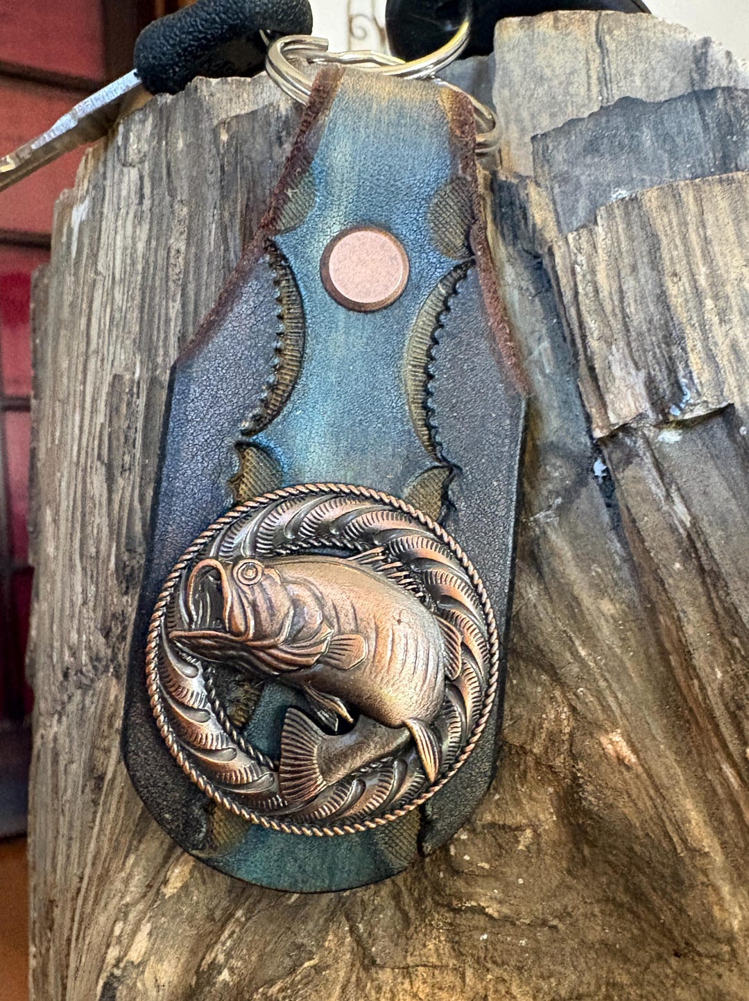 Handmade Leather Bass Fishing Keychain, Charcoal Turquoise Concho Dad ...