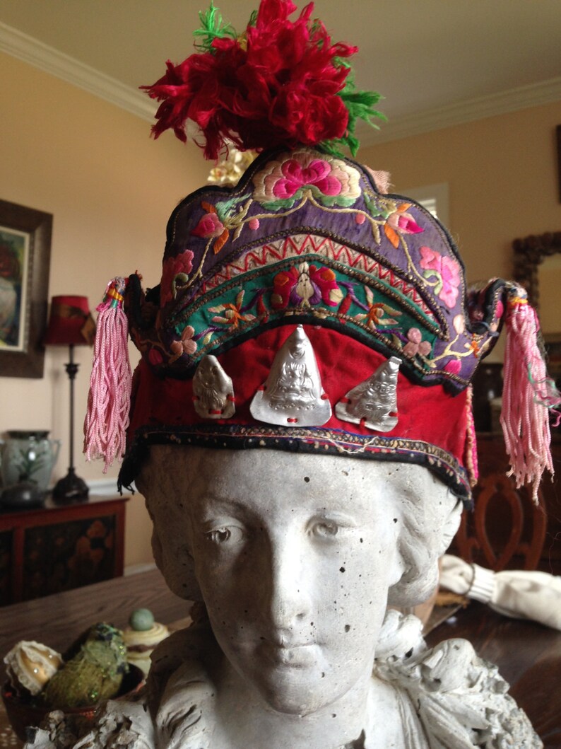 Antique Chinese Silk Embroidered Childs Hat With A Trio Of | Etsy