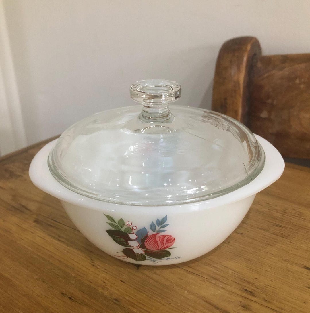 JAJ Pyrex Milk Glass Cottage Rose Small Lidded Casserole / Serving Dish ...