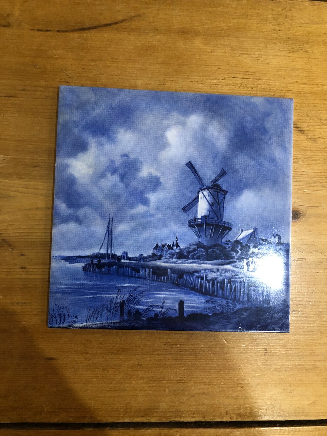 Delft Blauw Dutch Windmill Scene Hand Painted Blue and White Wall Tile ...