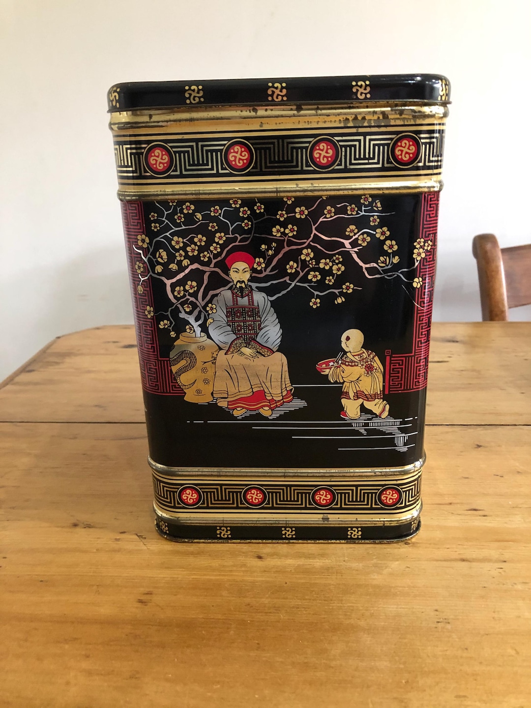 Vintage Oriental Asian Crane Pattern Large Metal Tea Caddy Tin - Etsy
