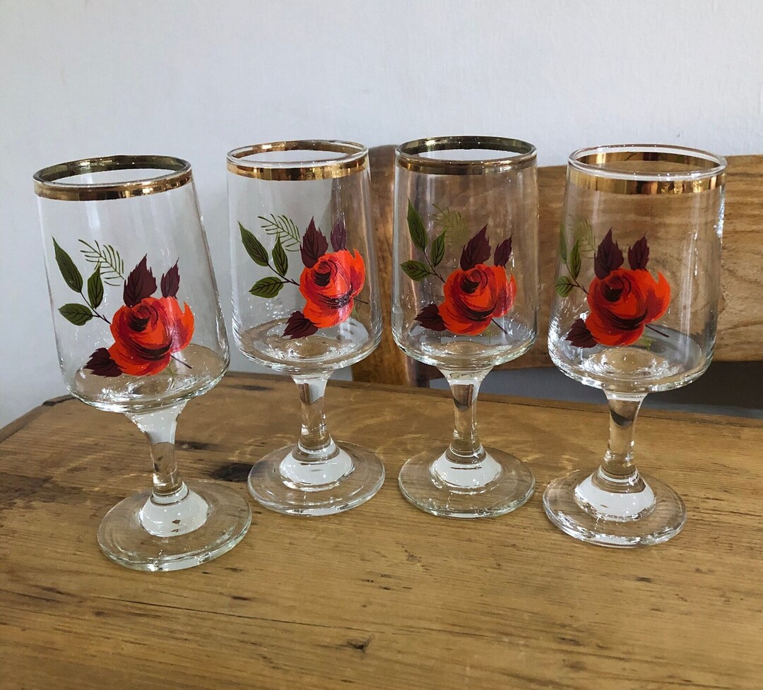 Set of Four Red Rose Pattern Sherry Liqueur Drinking Glasses - Etsy