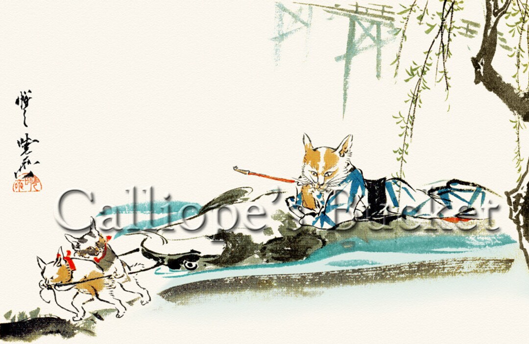 Cat Riding a Catfish Boat 鯰の船に乗る猫 Ink on Paper all - Etsy