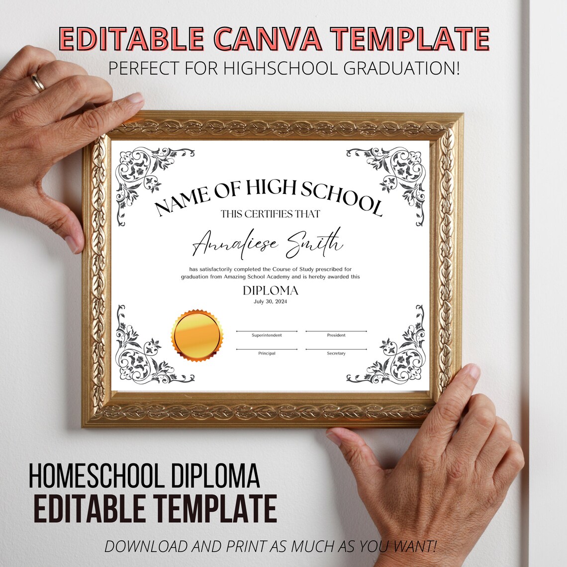 High School Diploma, Diploma Template, Canva Editable Homeschool ...