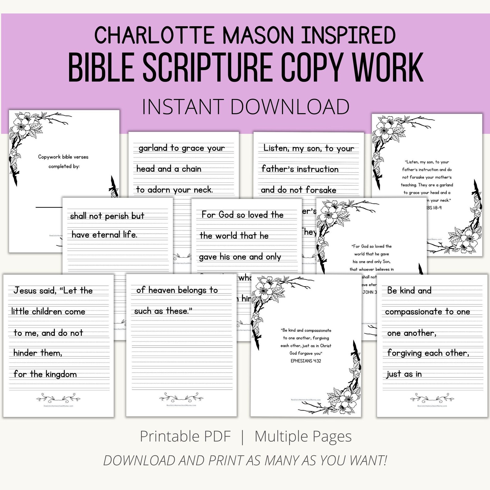 Charlotte Mason Printable Copywork Bible Scripture Homeschool Printable ...