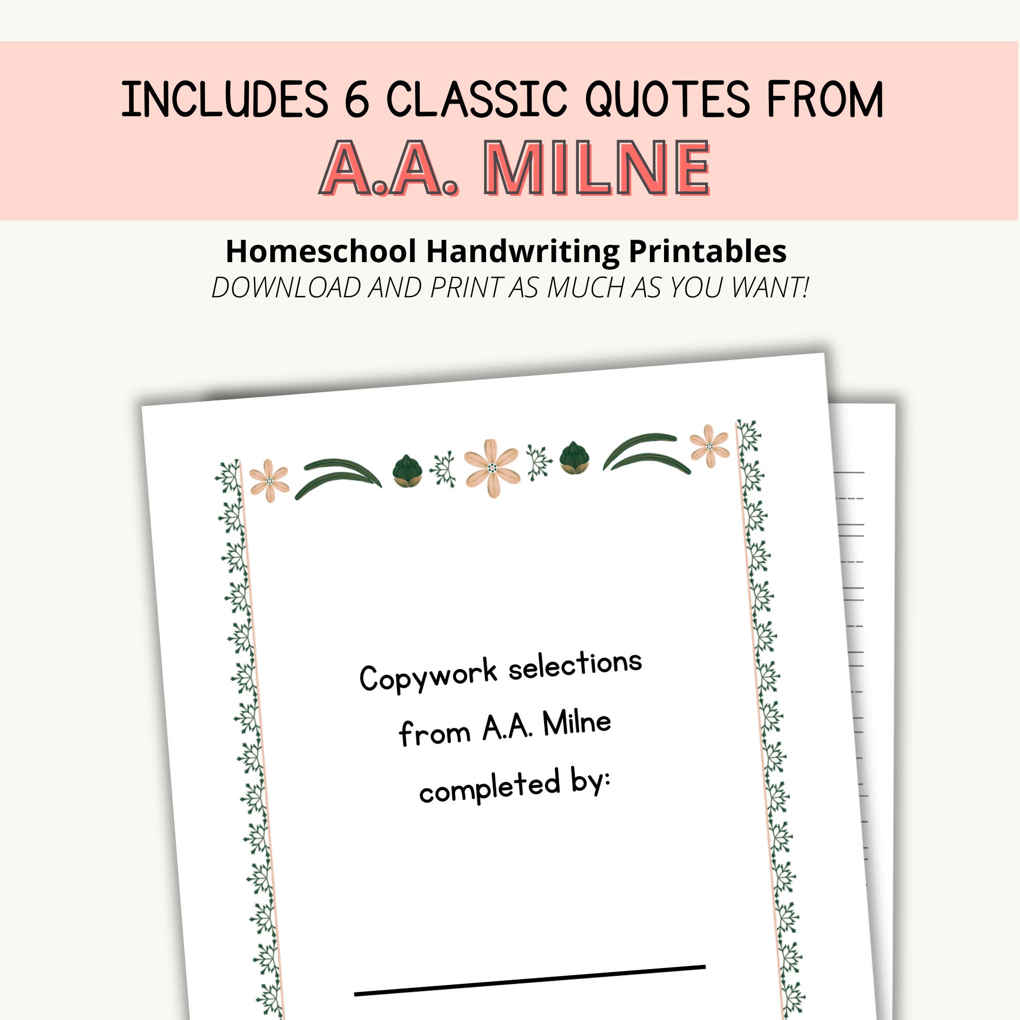 Charlotte Mason Printable Copywork, A.A. Milne Homeschool Printable ...