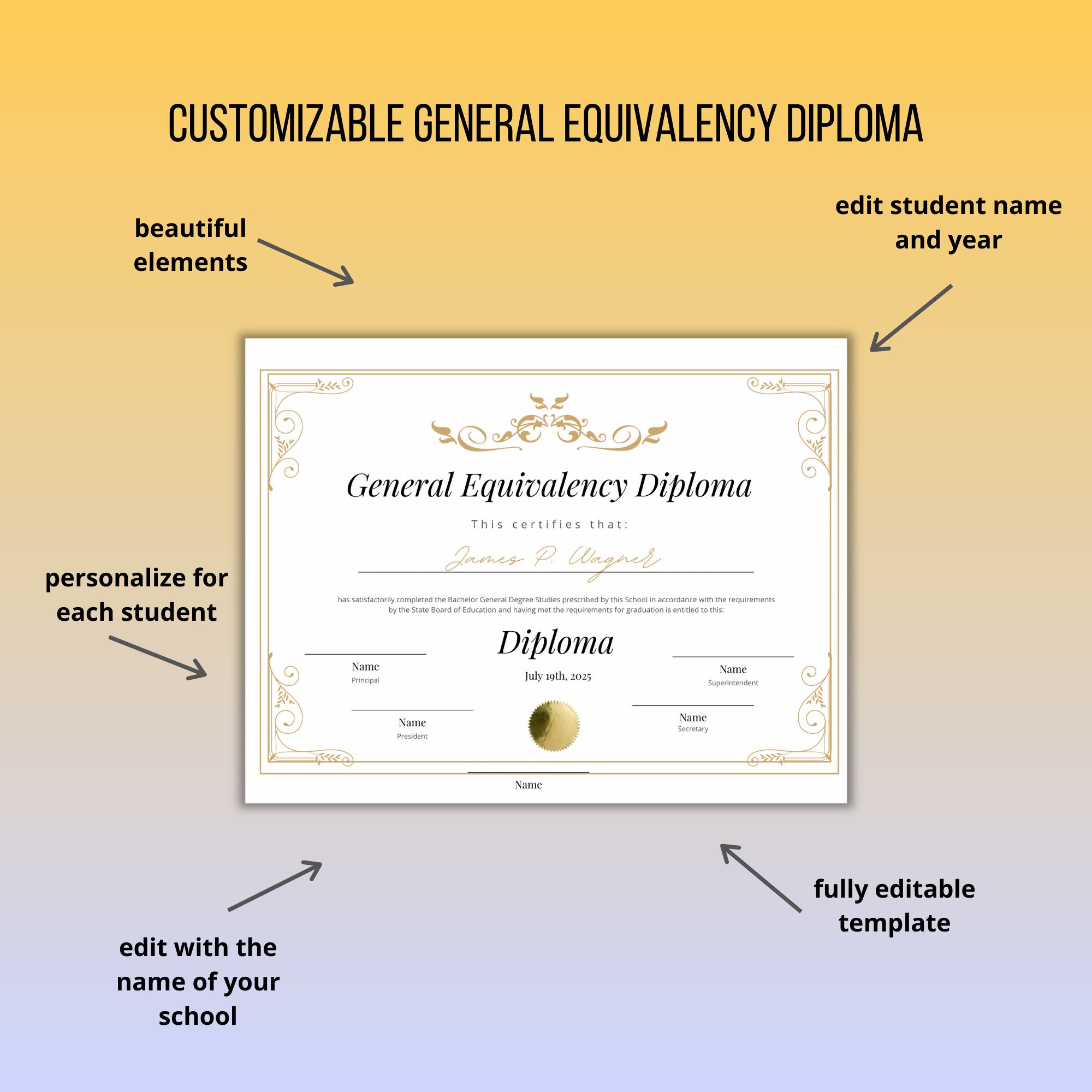 Editable High School Diploma Template General Equivalency - Etsy