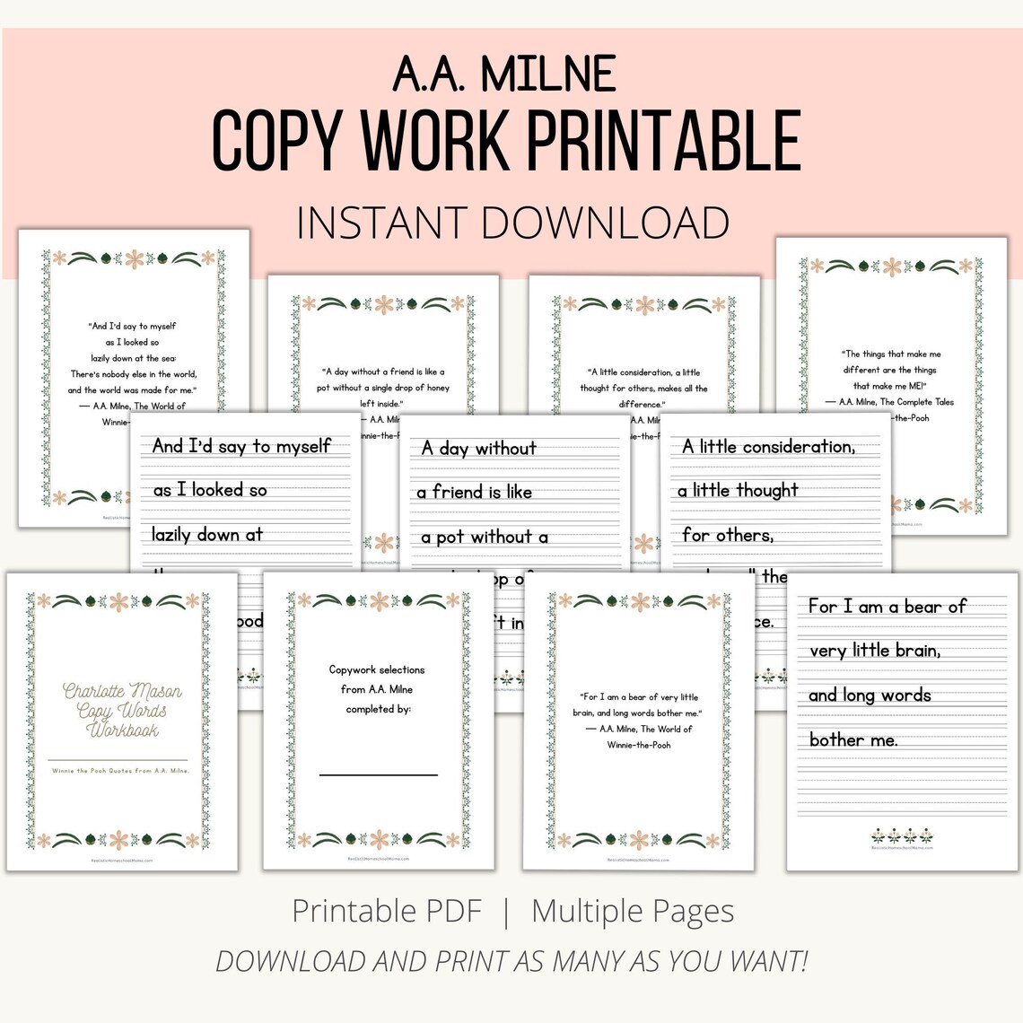 Charlotte Mason Printable Copywork, A.A. Milne Homeschool Printable ...