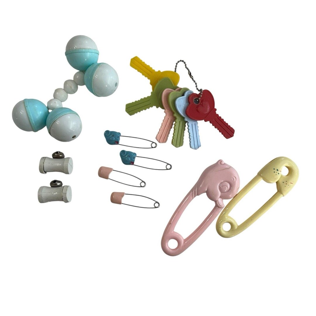 Vintage Baby Items Rattles Diaper Pins Shoe Bells Plastic Keys Lot of ...