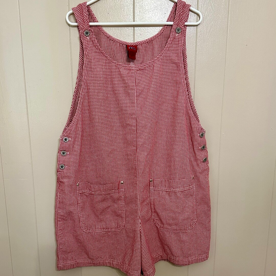 Vintage Blue Brand Red Gingham Bib Shortalls Romper Womens XL Baggy ...