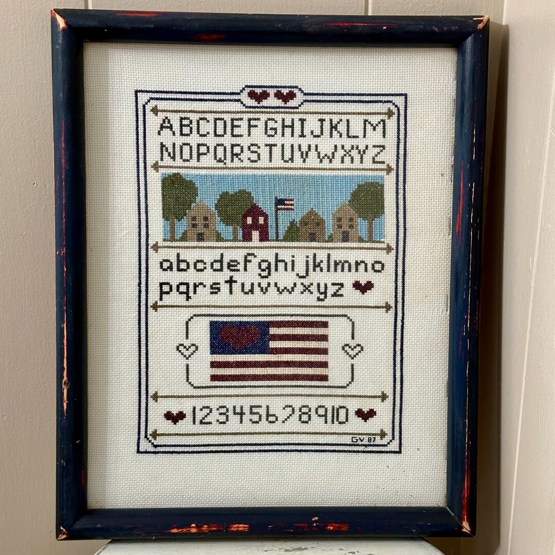 Framed Cross Stitch Sampler Alphabet Numbers School House Primitive USA ...