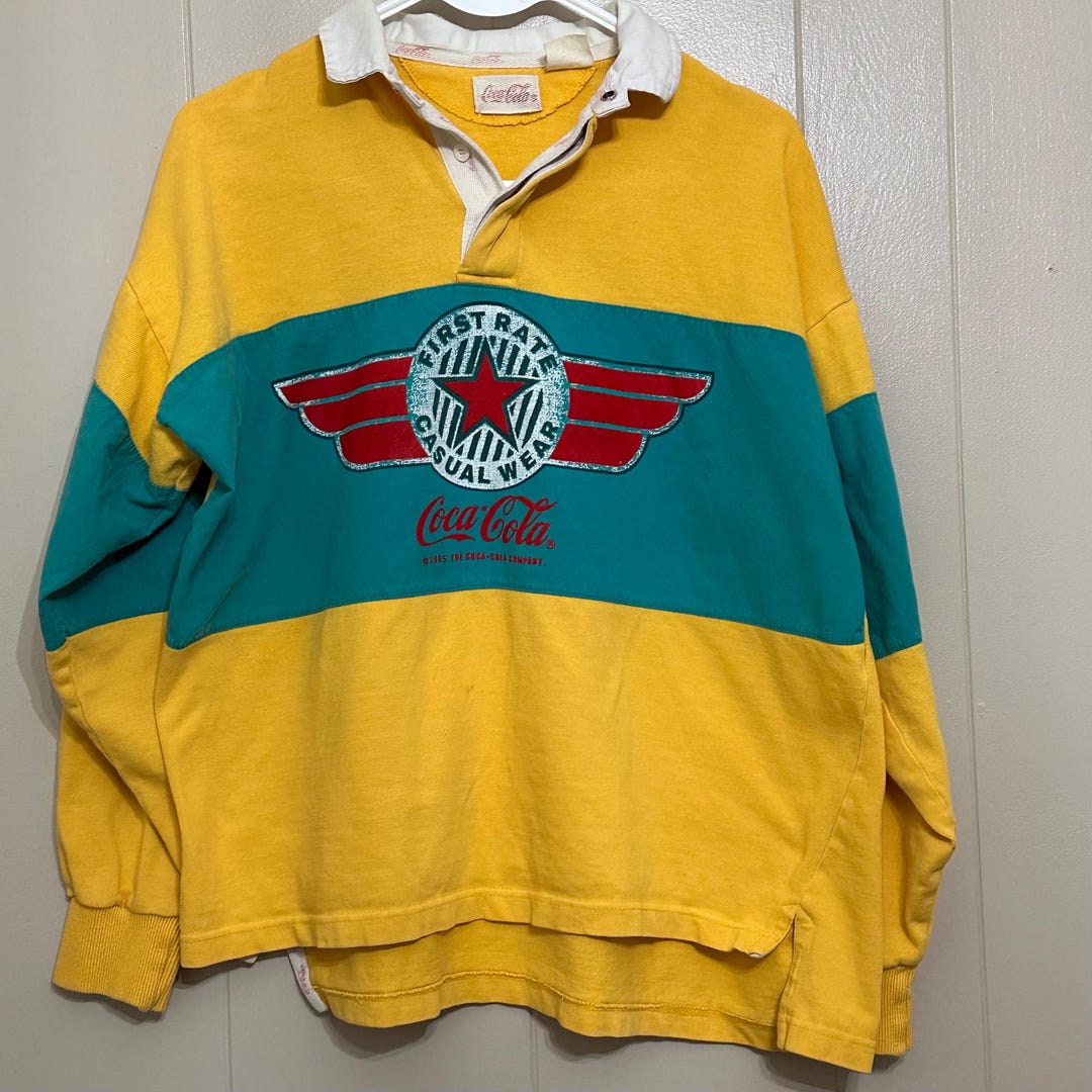 Vintage Coca Cola Rugby Shirt First Rate Casual Wear Sz M L Yellow ...