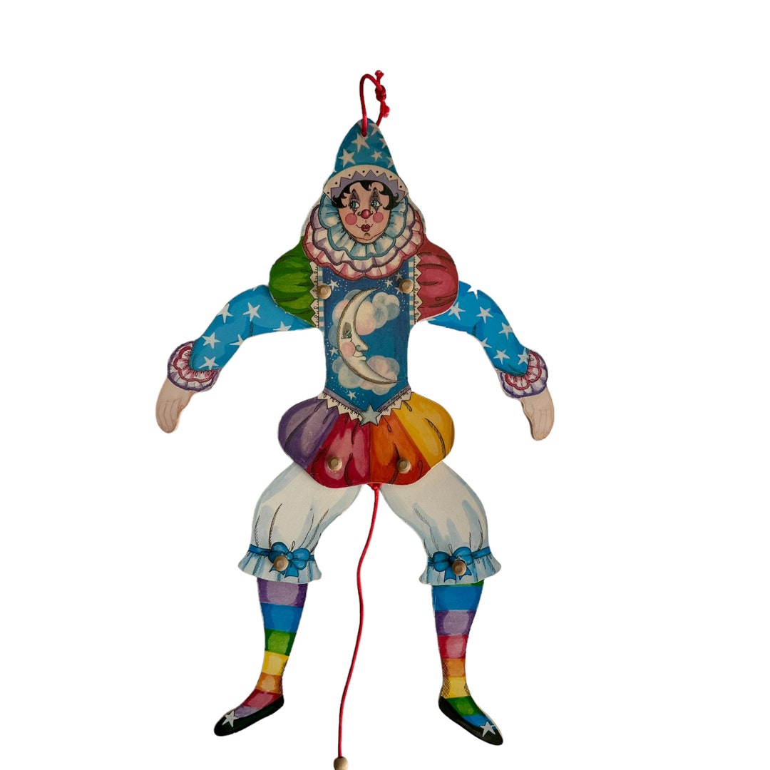 Laughing Moon Prod Wooden Clown Pull Toy Puppet Wall Decor Signed 17 ...