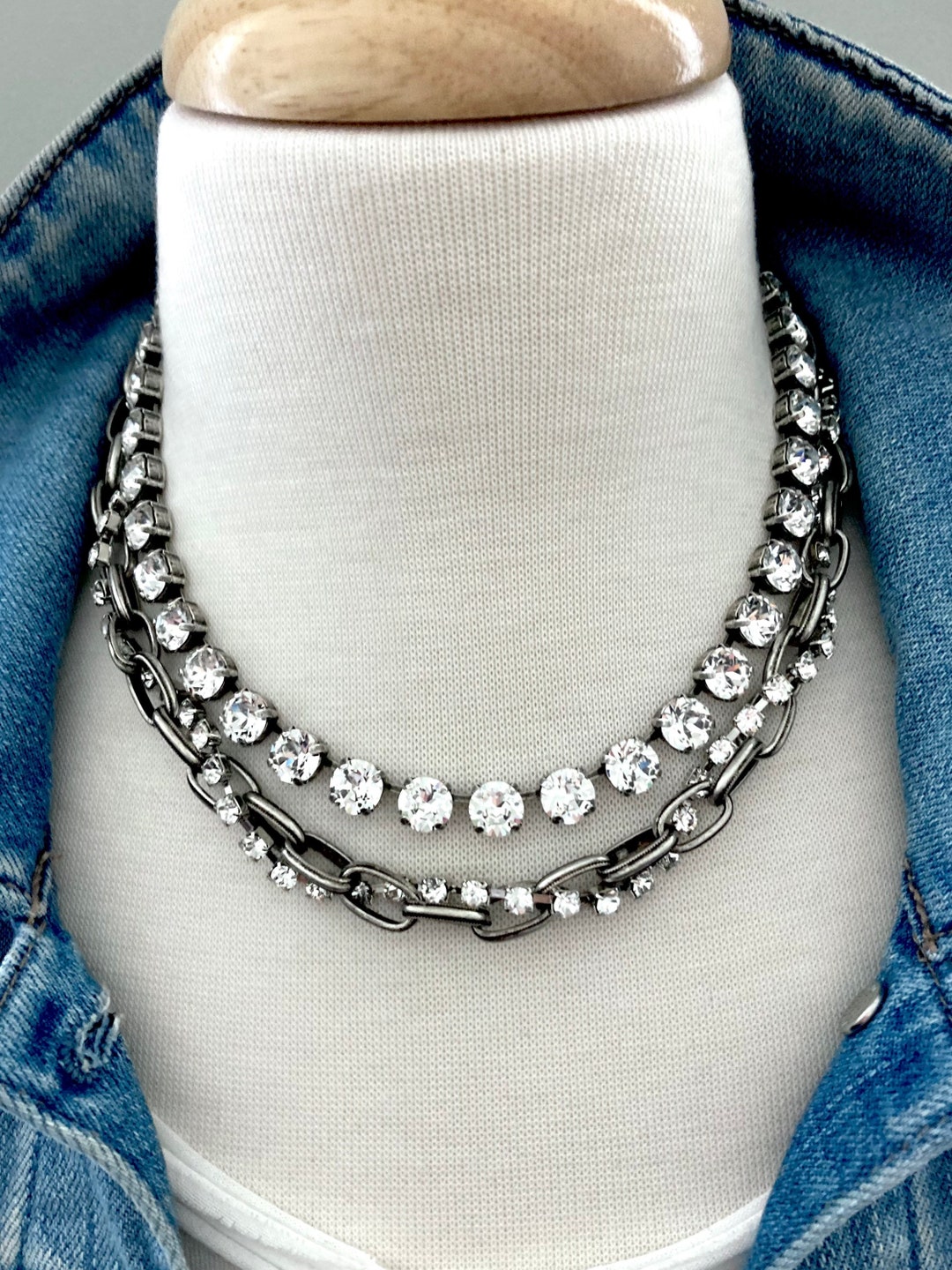 Twisted Rhinestone Chain Necklace Layered With an 8mm Crystal Necklace ...