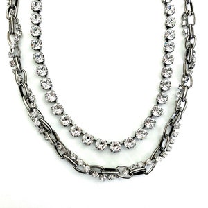 Antique Silver Twisted Rhinestone Chain Necklace Layered With an 8mm ...