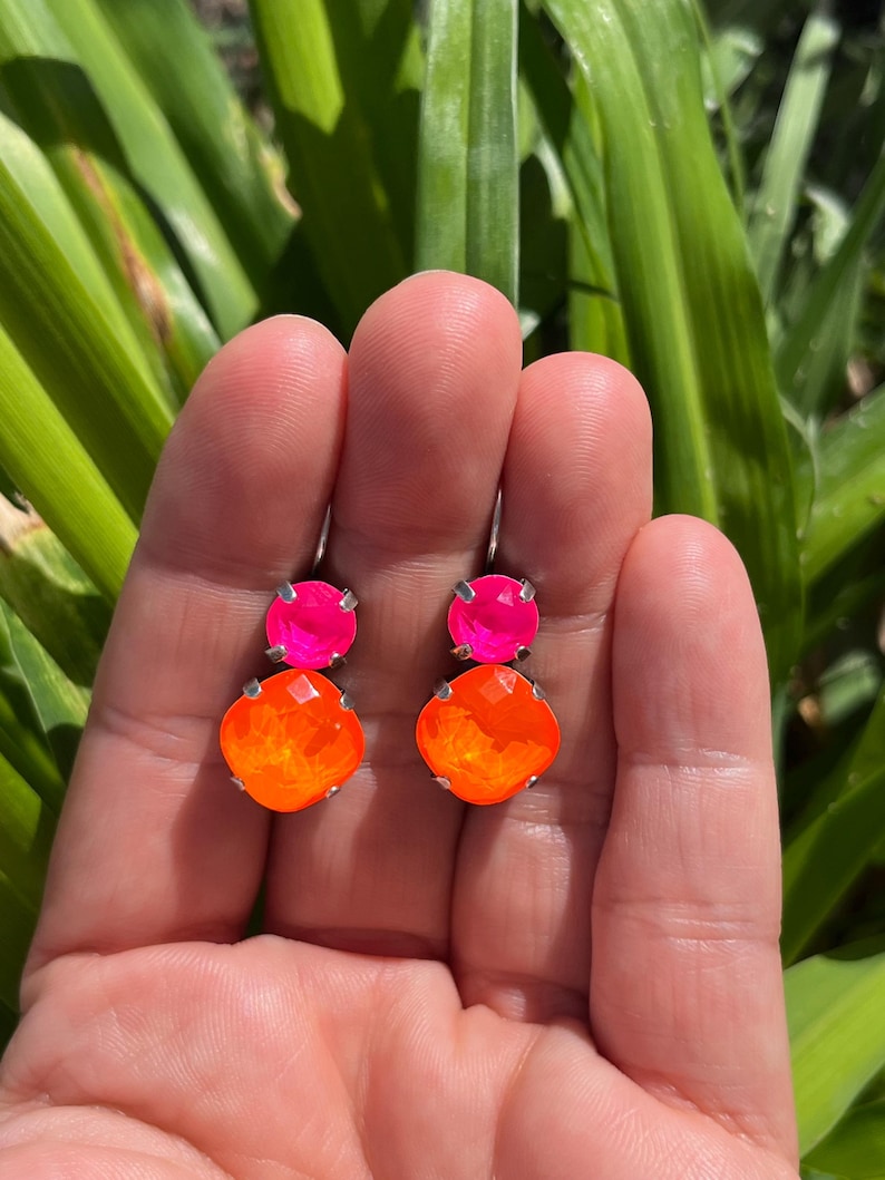 Neon Pink & Neon Orange • Echte Kristall 2 Stein Hängeohrringe - Etsy.de