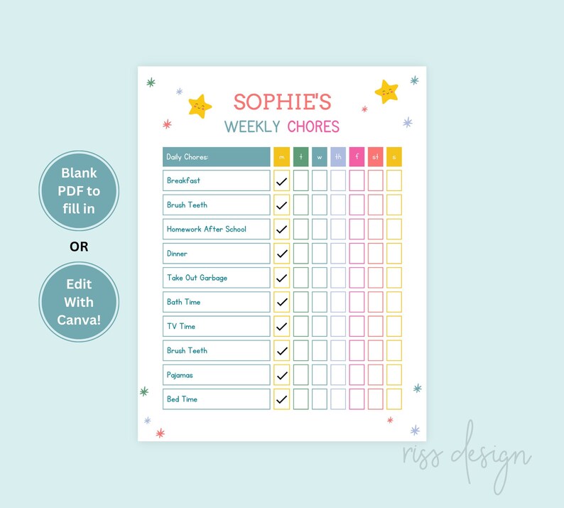 Chore Chart for Kids Colorful Stars Themed Chore Chart - Etsy