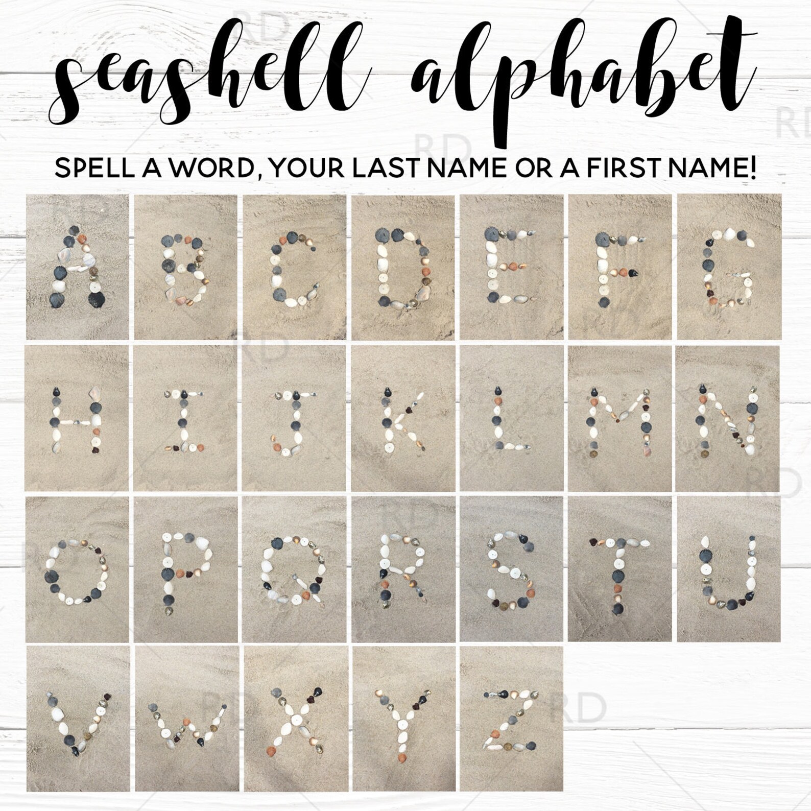 Seashell Letter Alphabet - PRINTABLE Wall Art / Color AND Black and ...