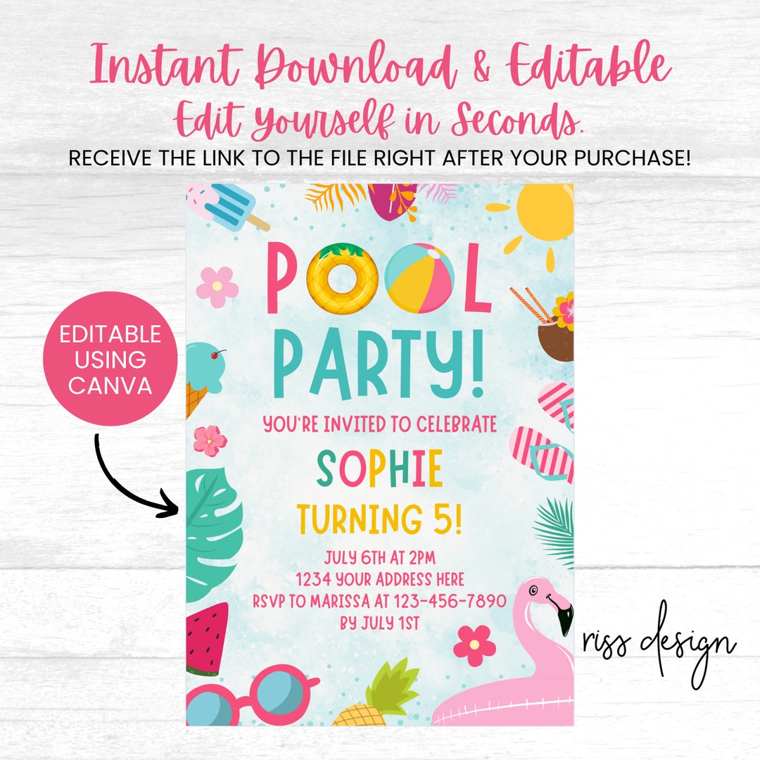 Pool Party Themed Birthday Invitation / PRINTABLE Birthday Invitation ...
