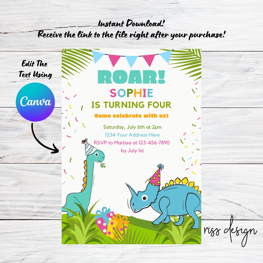 Dinosaur Themed Birthday Invitation / Adorable Dinosaur Colorful ...