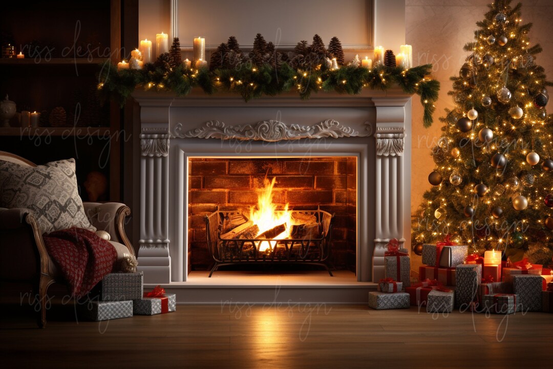 Christmas Fireplace Digital Backdrop / Christmas Card Photo / Premade ...