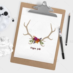 Antlers With Fall Flowers PRINTABLE Wall Art / Fall Floral Wall Art ...