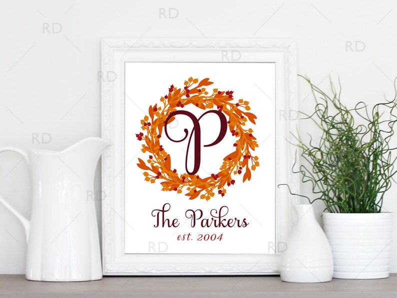 Autumn Wreath With Last Name Initial PRINTABLE Wall Art / - Etsy
