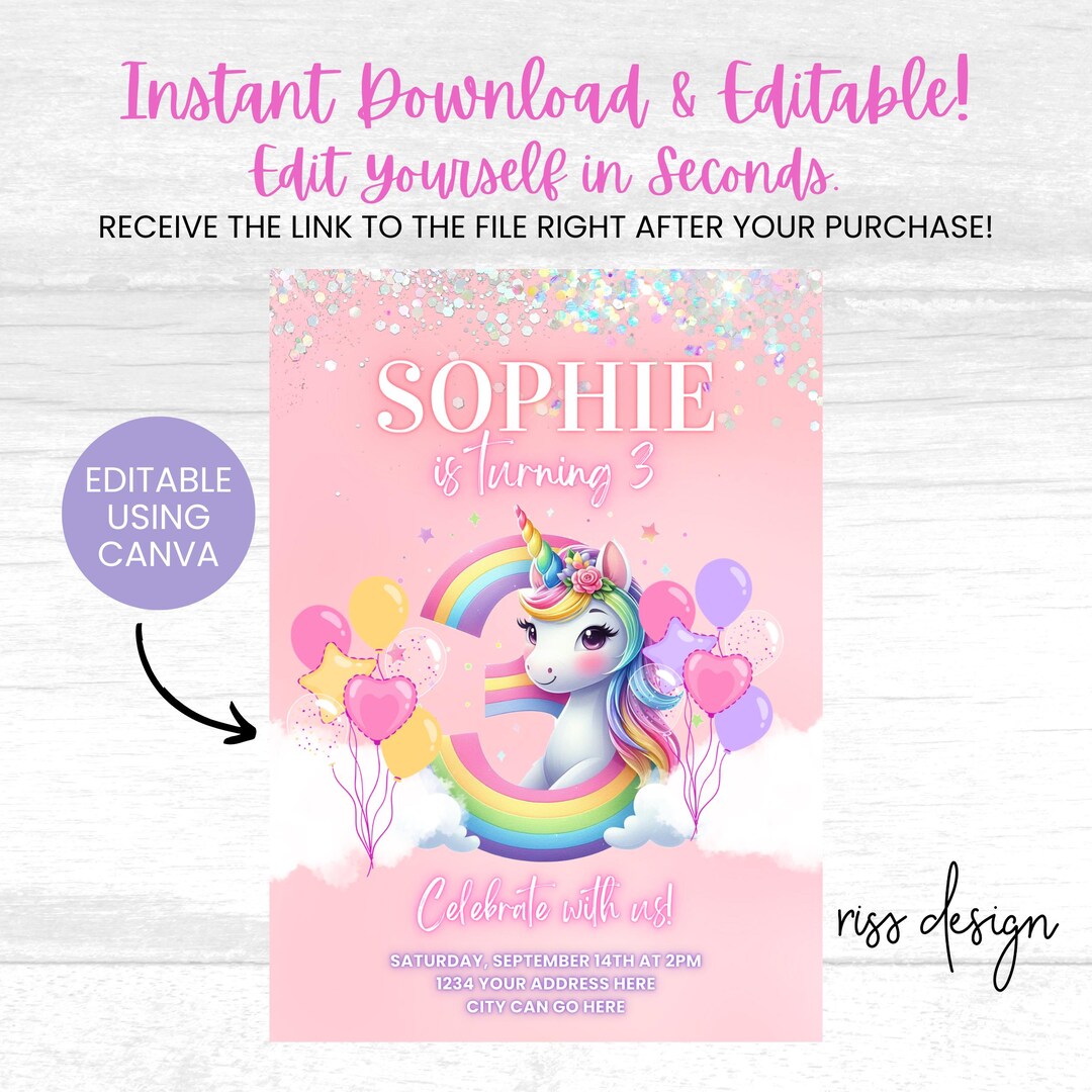 3rd Birthday Rainbow Sparkles Unicorn Themed Invitation / PRINTABLE ...