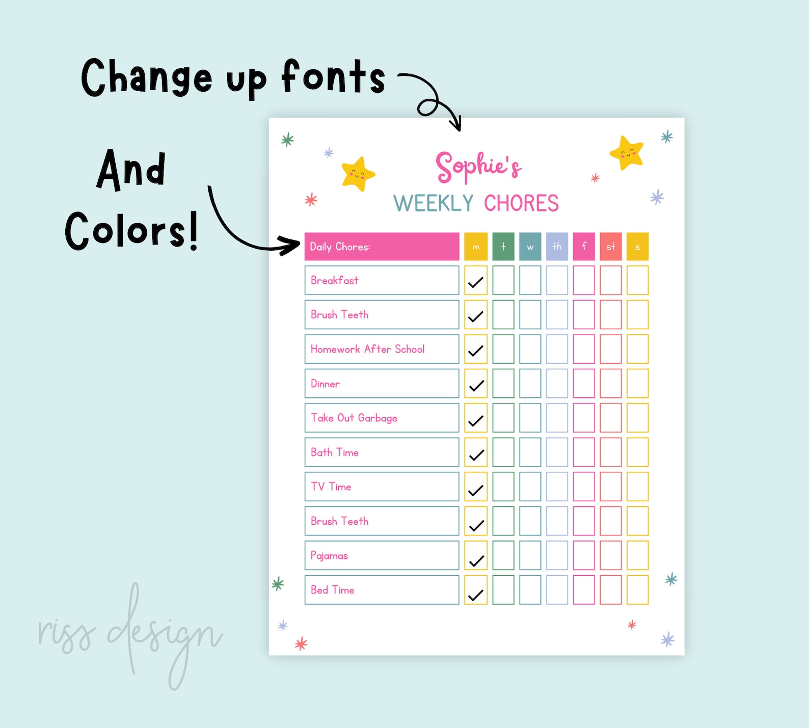 Chore Chart for Kids | Colorful Stars Themed Chore Chart ...