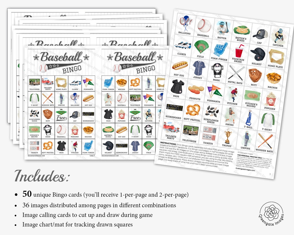 Baseball Bingo: PRINTABLE 50 Cards, Bingo Pdf Game, T-ball Fan Party ...