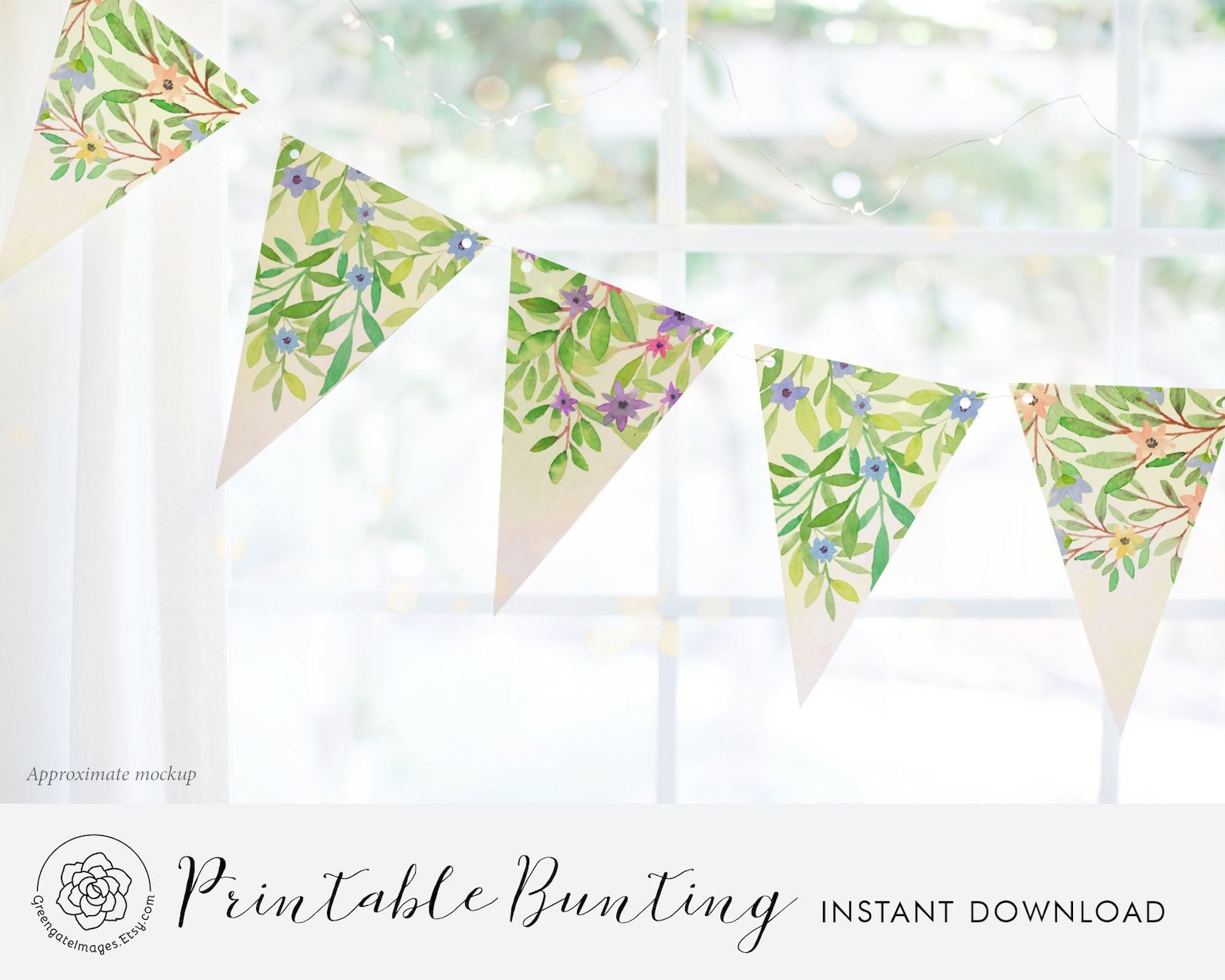 Printable Floral Bunting - INSTANT DOWNLOAD - Watercolor Leaves Flowers ...