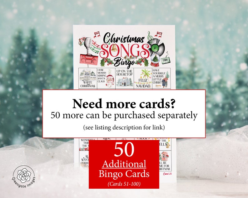 Christmas Song Bingo - 50 PRINTABLE Unique Cards. Instant Download PDF ...