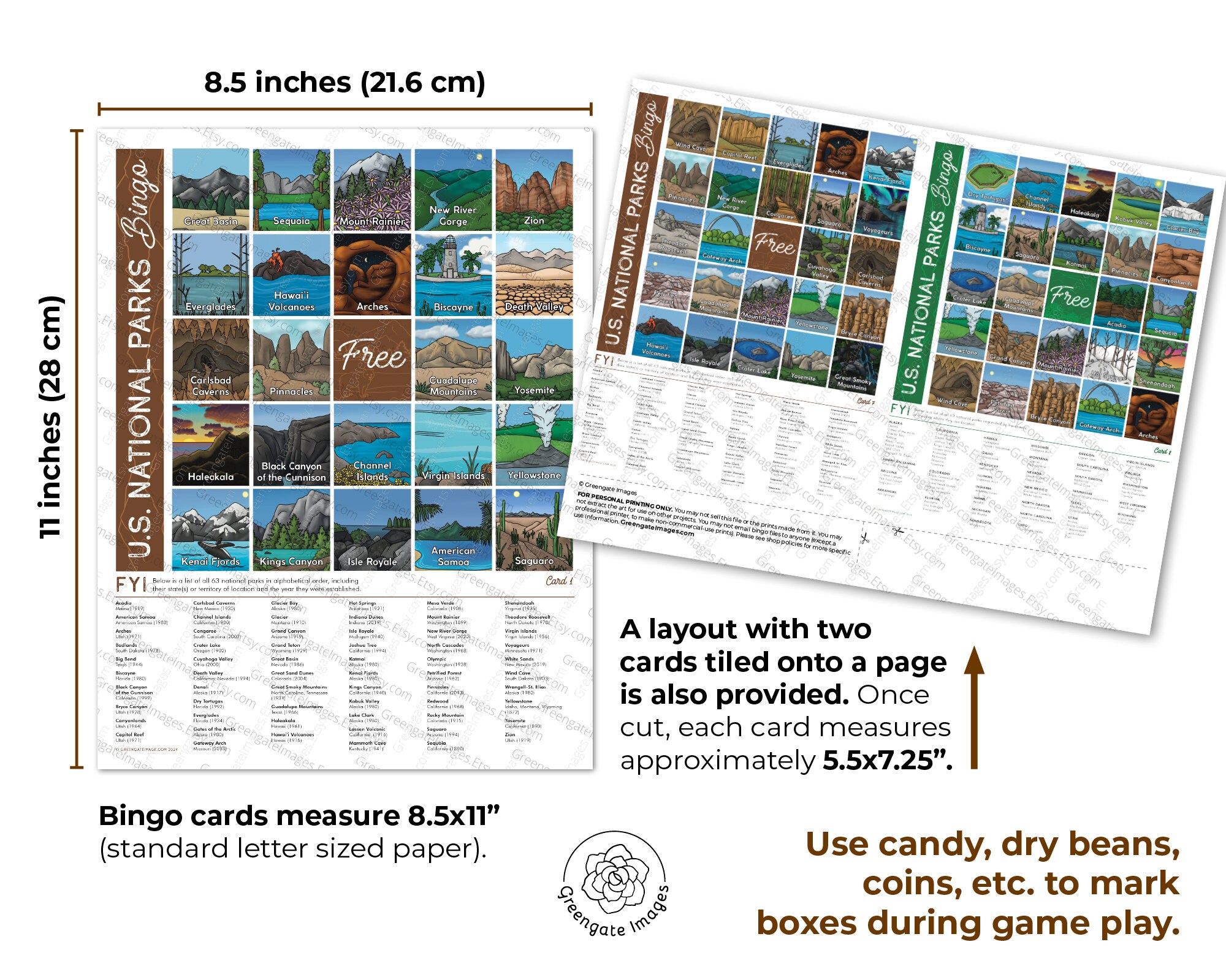 National Parks Bingo - 50 Cards, PRINTABLE, Senior Citizen Activities ...