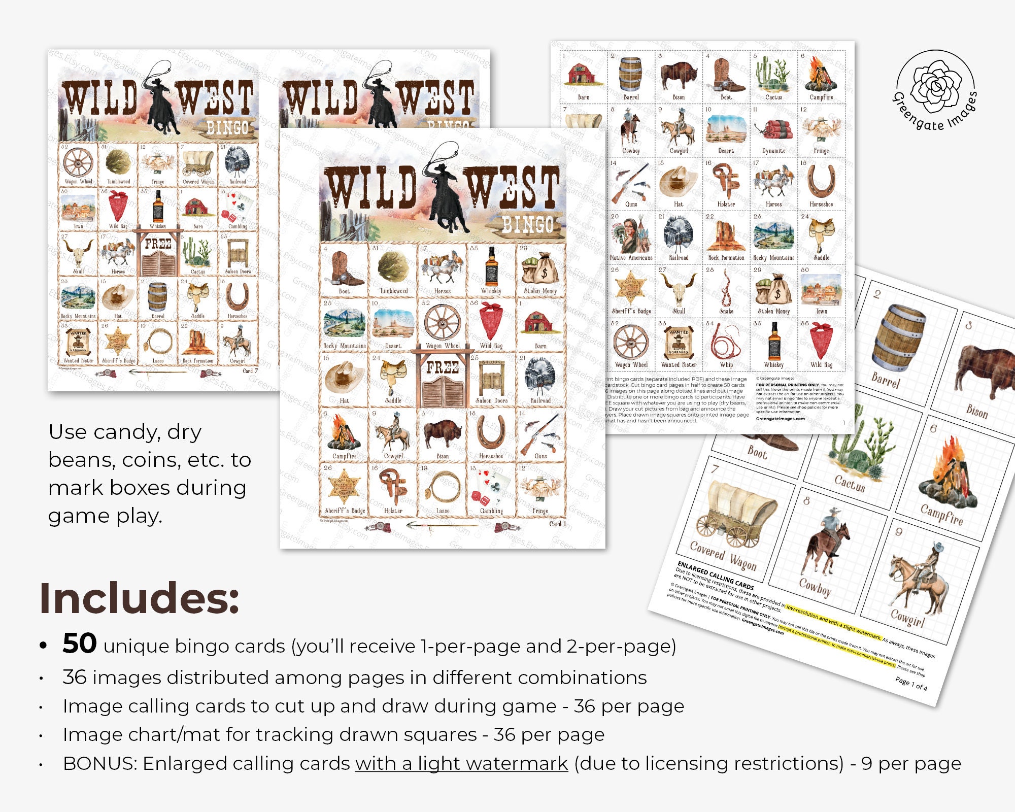 Wild West Bingo - 50 PRINTABLE Unique Cards. Instant Digital Download ...