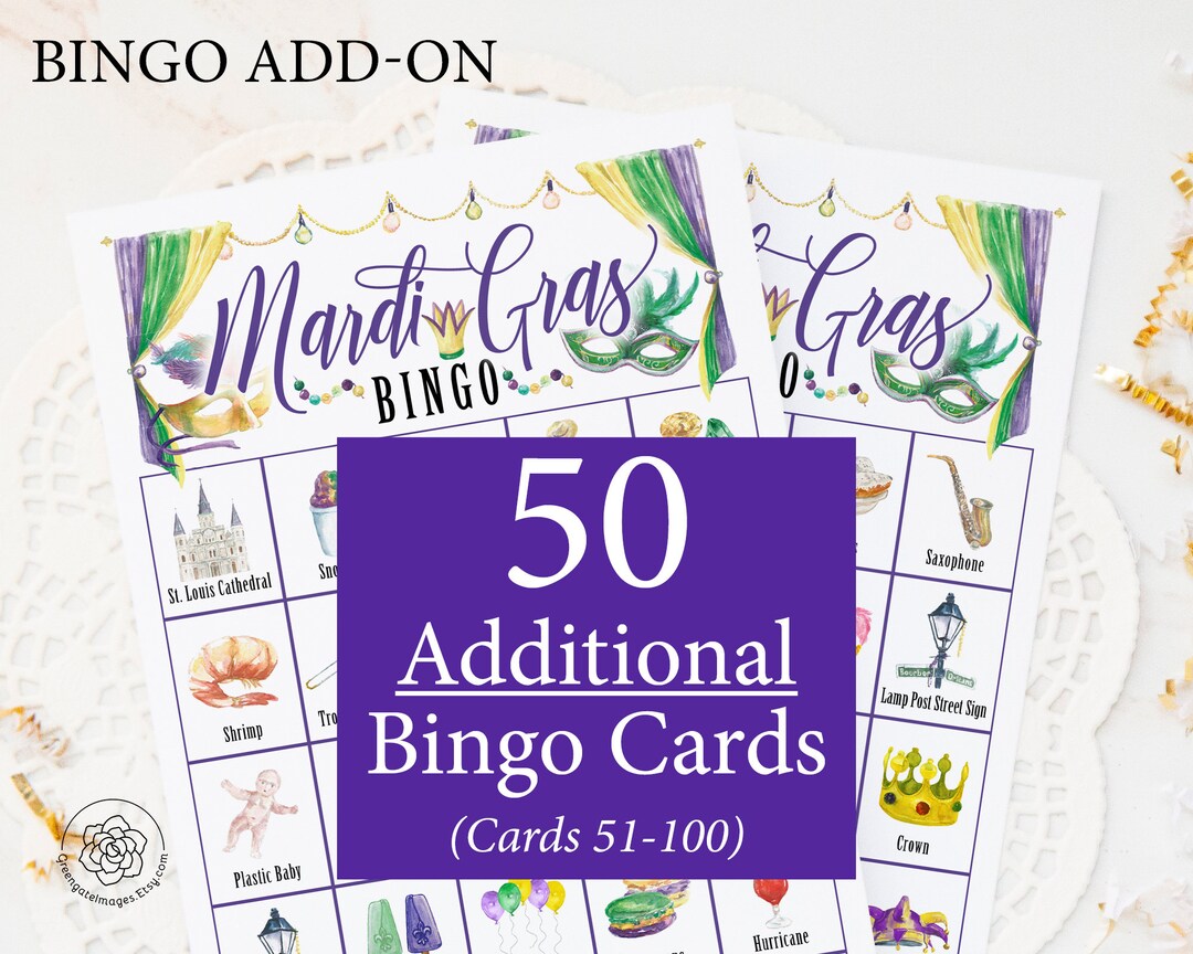 ADD-ON: 50 Additional Mardi Gras Bingo Cards numbered 51-100 to Go With ...