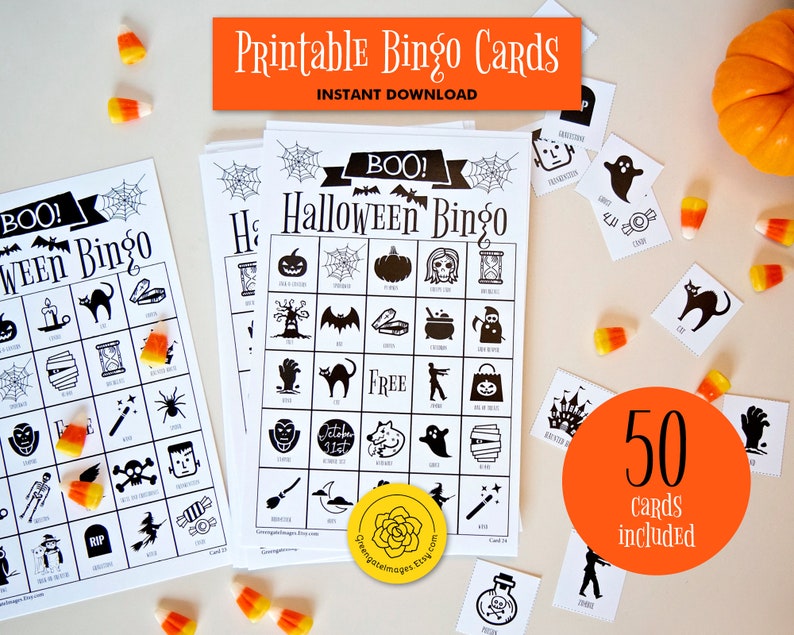 Halloween Bingo Cards - 50 PRINTABLE Unique Cards, Black and White ...