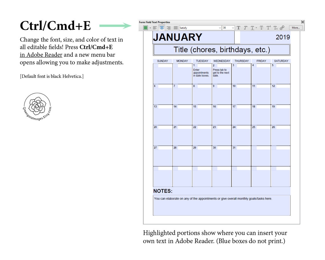 Editable Calendar PDF: Any Year Fillable Printable Monthly | Etsy