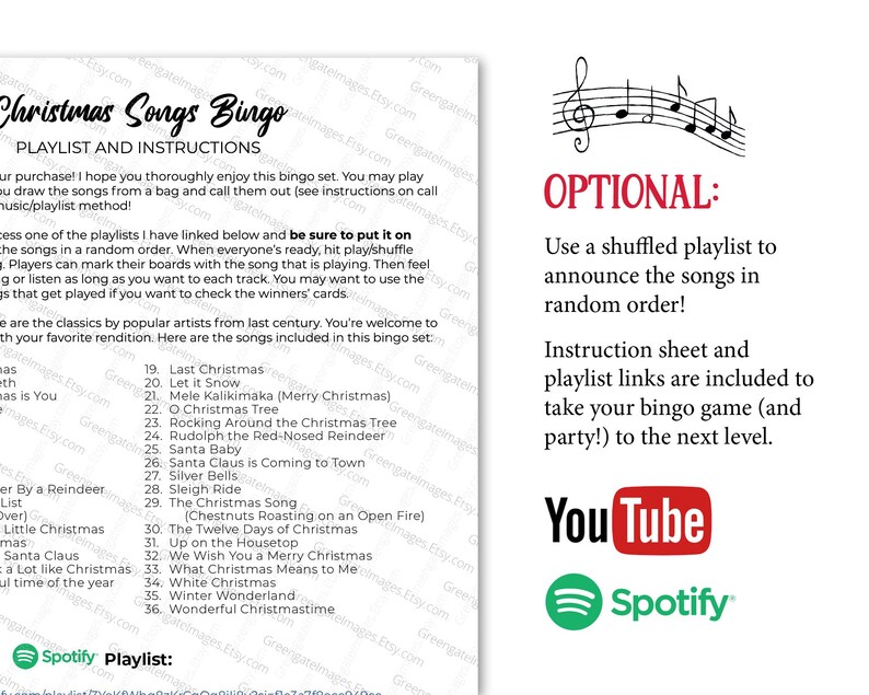 Christmas Song Bingo - 50 PRINTABLE Unique Cards. Instant Download PDF ...